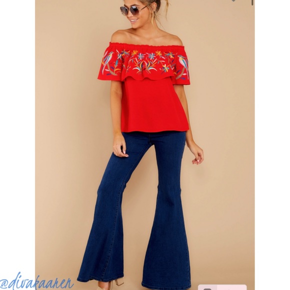 Tops | Embroidered Red Top Sleeveless Off Shoulder | Poshmark